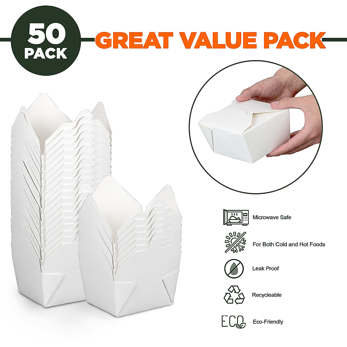 Fit Meal Prep 50 Pack 30 oz Paper Take Out Containers 5 x 4.2 x 2.5 - White Lunch Meal Food Boxes #1, Disposable To Go Packaging, Microwave Safe, Leak Grease Resistant for Restaurant and Catering