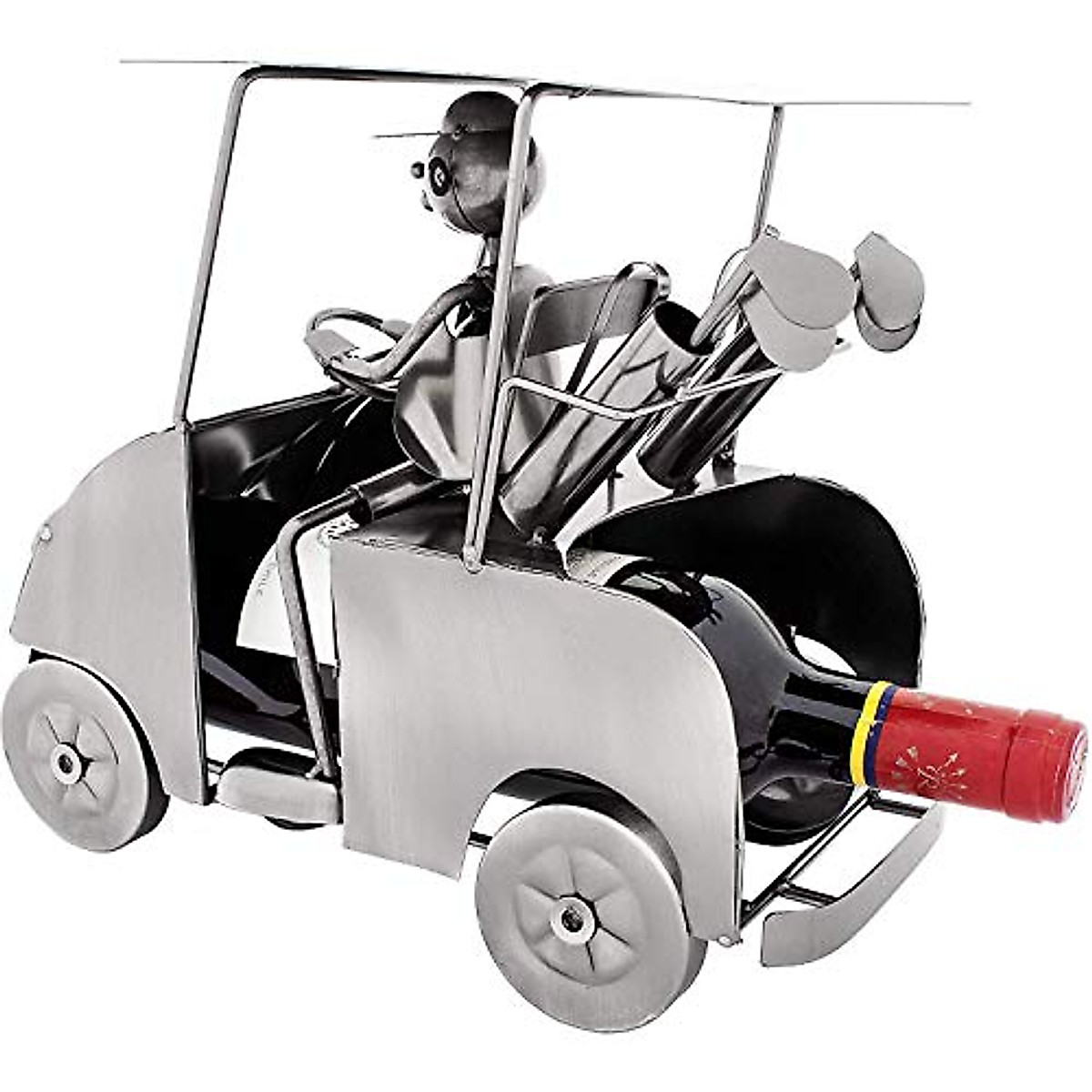 BRUBAKER Wine Bottle Holder 'Golfer in Golf Cart' - Table Top Metal Sculpture - with Greeting Card