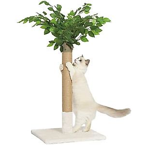 MSmask Cat Scratching Post, Natural Jute Sisal Scratch Pole, Cat Scratch Post with Artificial Banyan Leaves for Indoor Cats, Cat Scratcher & Home Decorating