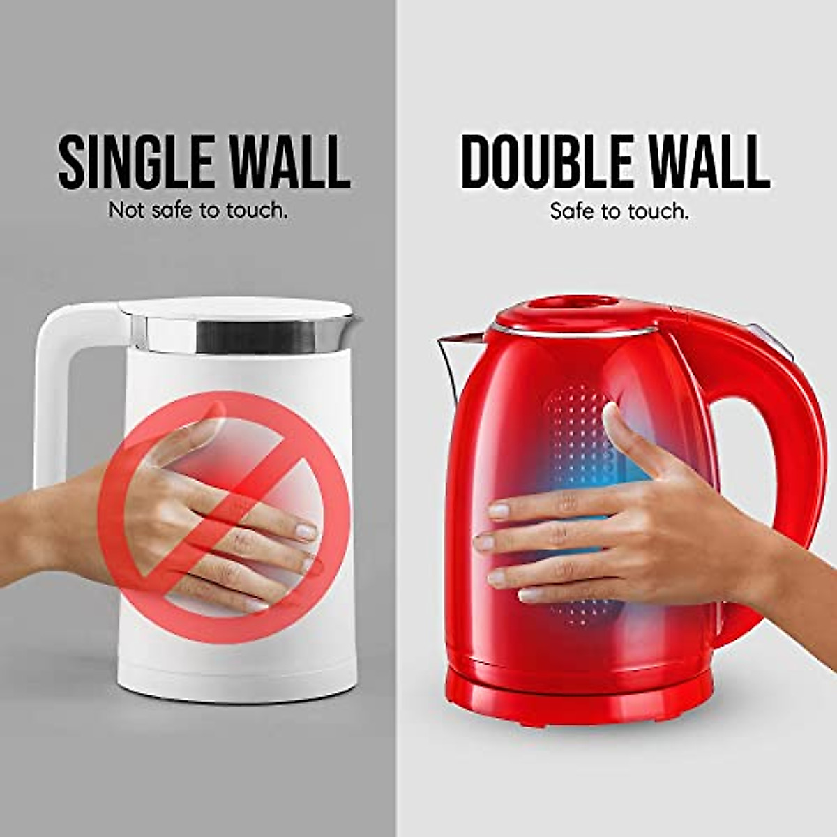 OVENTE Portable Electric Kettle Stainless Steel Instant Hot Water Boiler Heater 1.7 Liter 1100W Double Wall Insulated Fast Boiling with Automatic Shut Off for Coffee Tea & Cold Drinks, Red KD64R