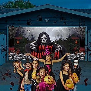 Vlipoeasn Halloween Garage Door Decorations, 7x16 Ft Halloween Garage Door Cover Banner, Skull Ghosts Halloween Outdoor Party Photography Backdrop Sign Poster Decorations Supplies