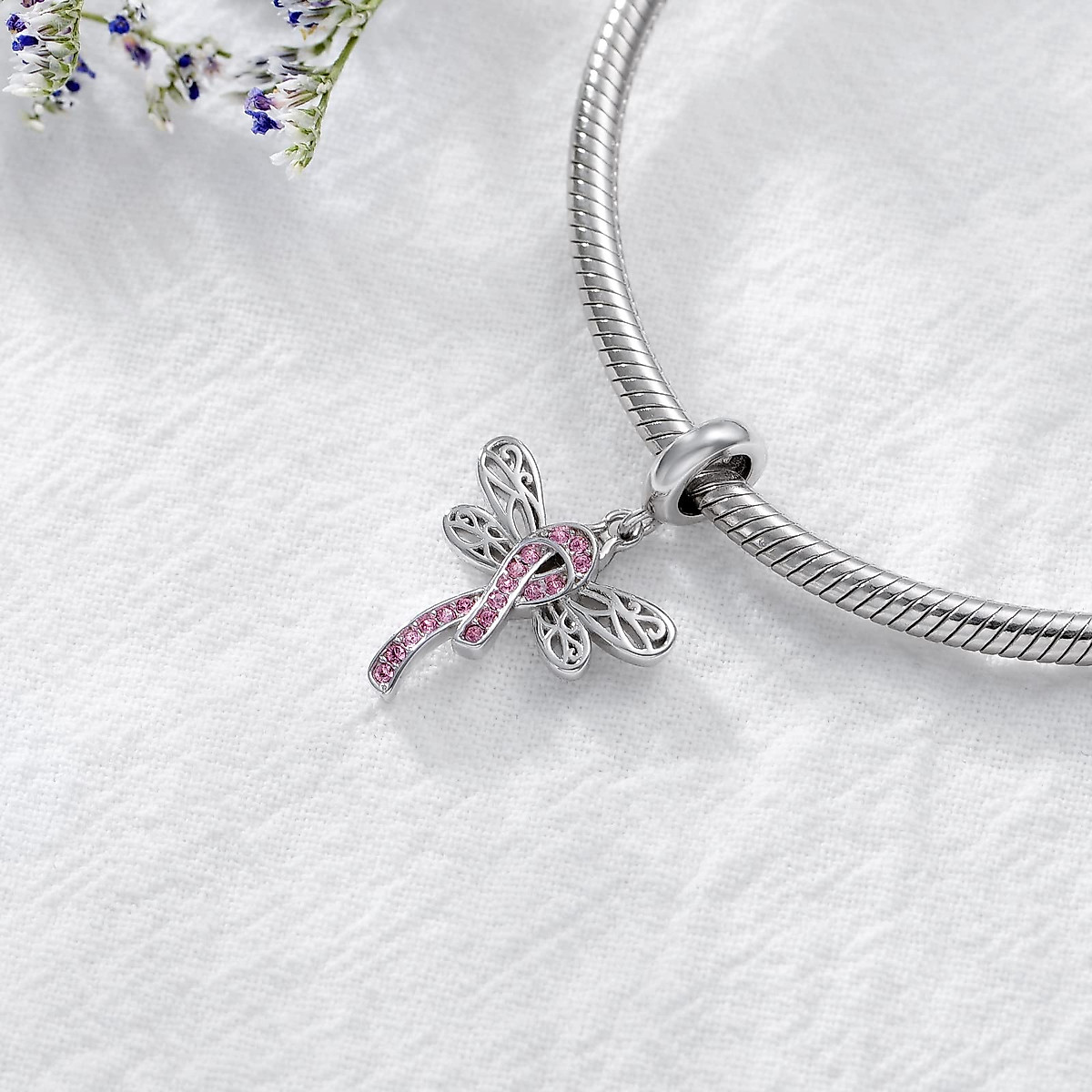 AOBOCO Breast Cancer Awareness Charm 925 Sterling Silver Dragonfly Pink Ribbon Charm Bead for Bracelet Breast Cancer Survivor Gifts for Women