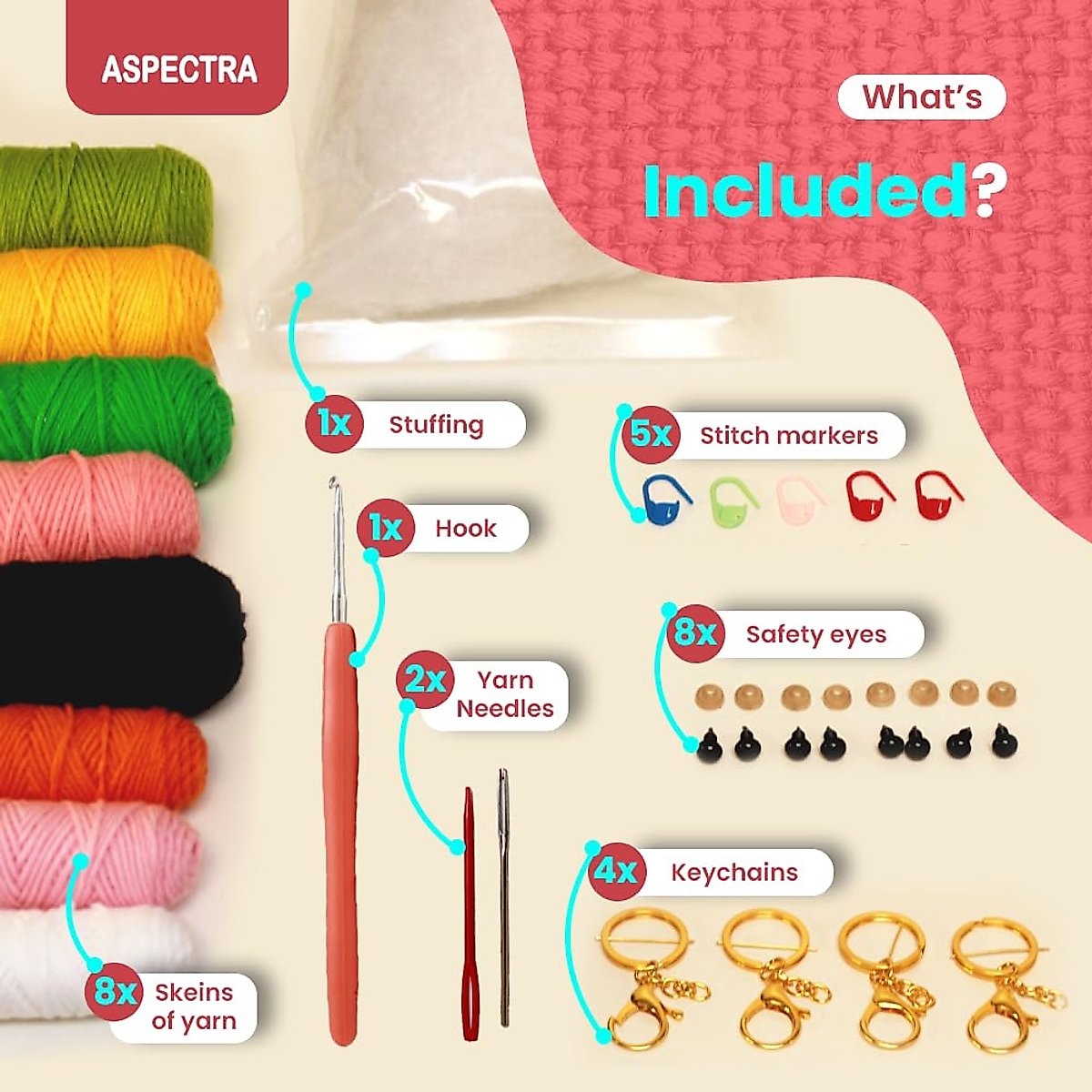 ASPECTRA Crochet Kit for Beginners – Step by Step Video Tutorials, Beginner Crochet Kit for Kids & Adults, Create Crochet Animal Kit with Easy Patterns, Hooks & Yarn, Perfect Crochet Starter Kit