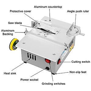 Mini Table Saw with Belt Grinder, 240W 7-Speed Power Supply Adjustable Table Saw Portable Precision Table Saw with 4-Blades and Safety Flap, 0.1-20mm Saw Blade Height Adjustable, Aluminum
