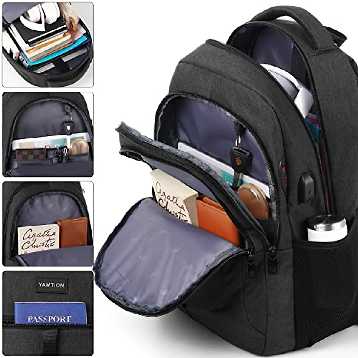 YAMTION Black Backpack for Men and Women,School Backpack Bookbag for Teen Boys and Girls Laptop Backpack with USB for Collge Work Business