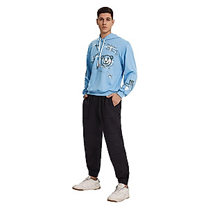 WDIRARA Men's Cartoon Letter Graphic Drawstring Hoodie Long Sleeve Pocket Sweatshirts Blue L