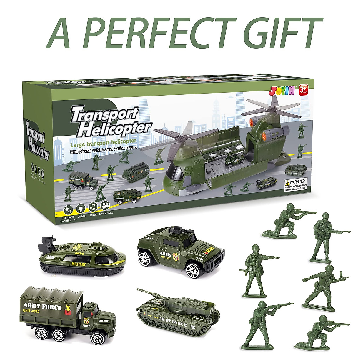 JOYIN Military Transport Cargo Airplane Car Toy Play Set Including Friction Powered Helicopter with Light, 6 Die-Cast Military Cars & 12 Army Men Figures for Over 3 Years Old Boys and Girls
