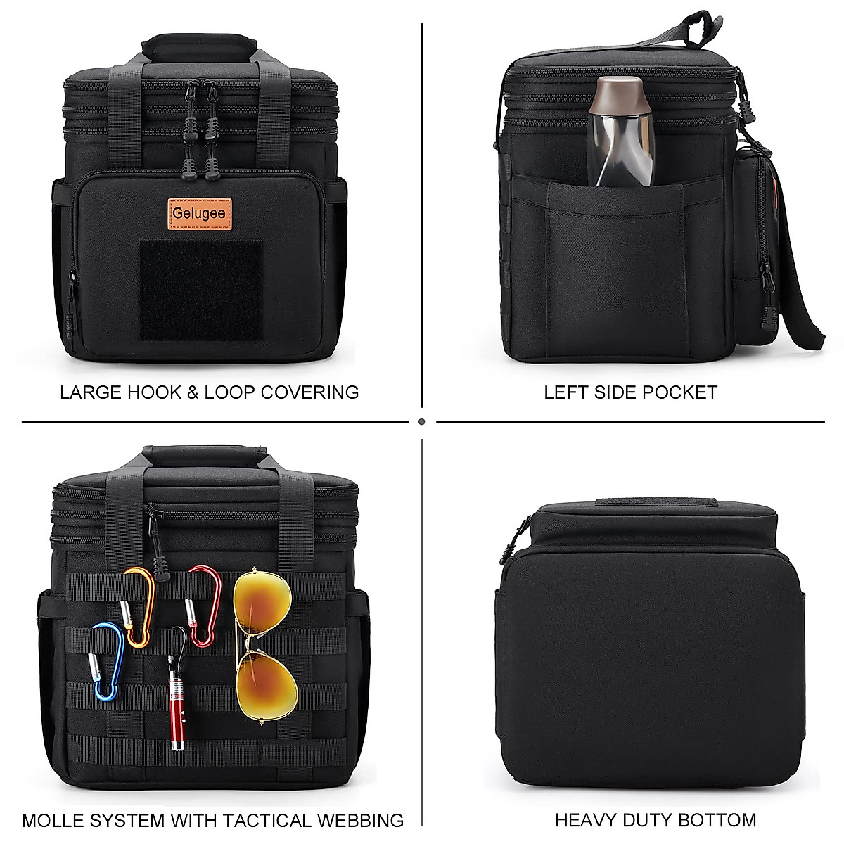 gelugee Black Tactical Lunch Box for Men, Insulated Waterproof Reusable Lunch Bag Lunchbox, Durable Military Cooler Bag with Adjustable Shoulder Strap, Lunch Tote for Adults to Work Picnic