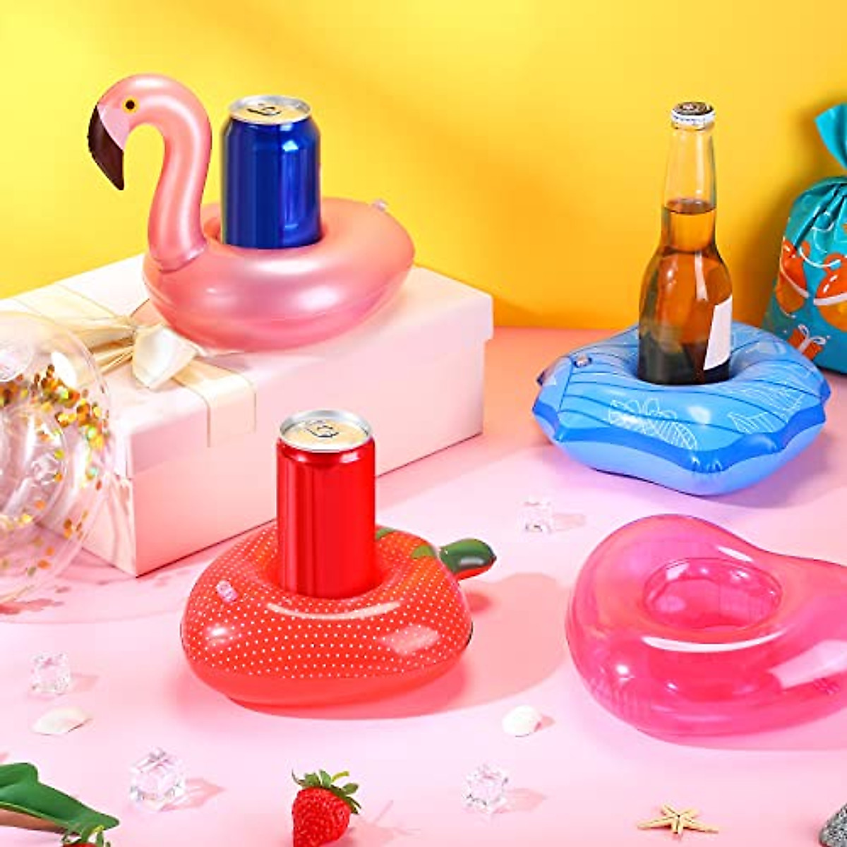 60 Pcs Pool Drink Floats Inflatable Drink Holder Drink Floaties Floating Cup Holders for Summer Swimming Pool Party Favors Bath Toys, 30 Styles