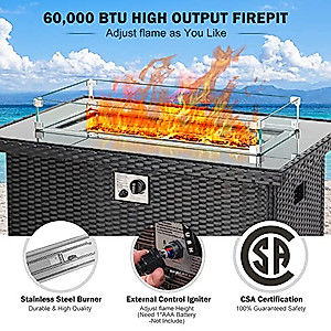 Propane Gas Fire Pit Table with Wind Guard for Outdoor, Auto-Ignition Firepits 43'' Rattan Table 50,000 BTU, Black
