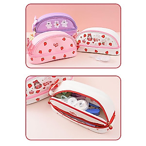 JHTPSLR Large Kawaii Pencil Pouch Cute Preppy Pencil Pouch Bowknot Strawberry Bear Love Hearts Aesthetic Pencil Case PU Waterproof Pen Bags Stationery Storage Organizer Supplies (White Strawberry)
