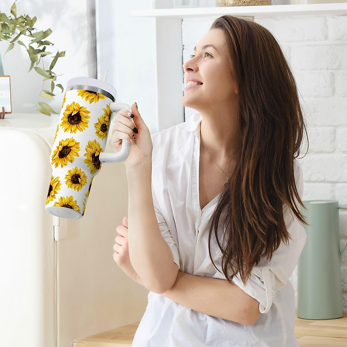 MCHIVER Yellow Sunflowers 30 oz Tumbler with Handle and Straw Stainless Steel Vacuum Water Bottle Leak-proof Travel Coffee Mug Insulated Tumbler with Lid