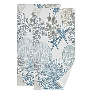 SHUSTARY 2 Pack Beach Theme Hand Towels for Bathroom,Coastal Blue Grey Starfish Seashell Coral Ocean Marine Soft Absorbent Kitchen Towels Decorative Hand Bath Towels for Shower,Face,Gym,Spa 14"x28"
