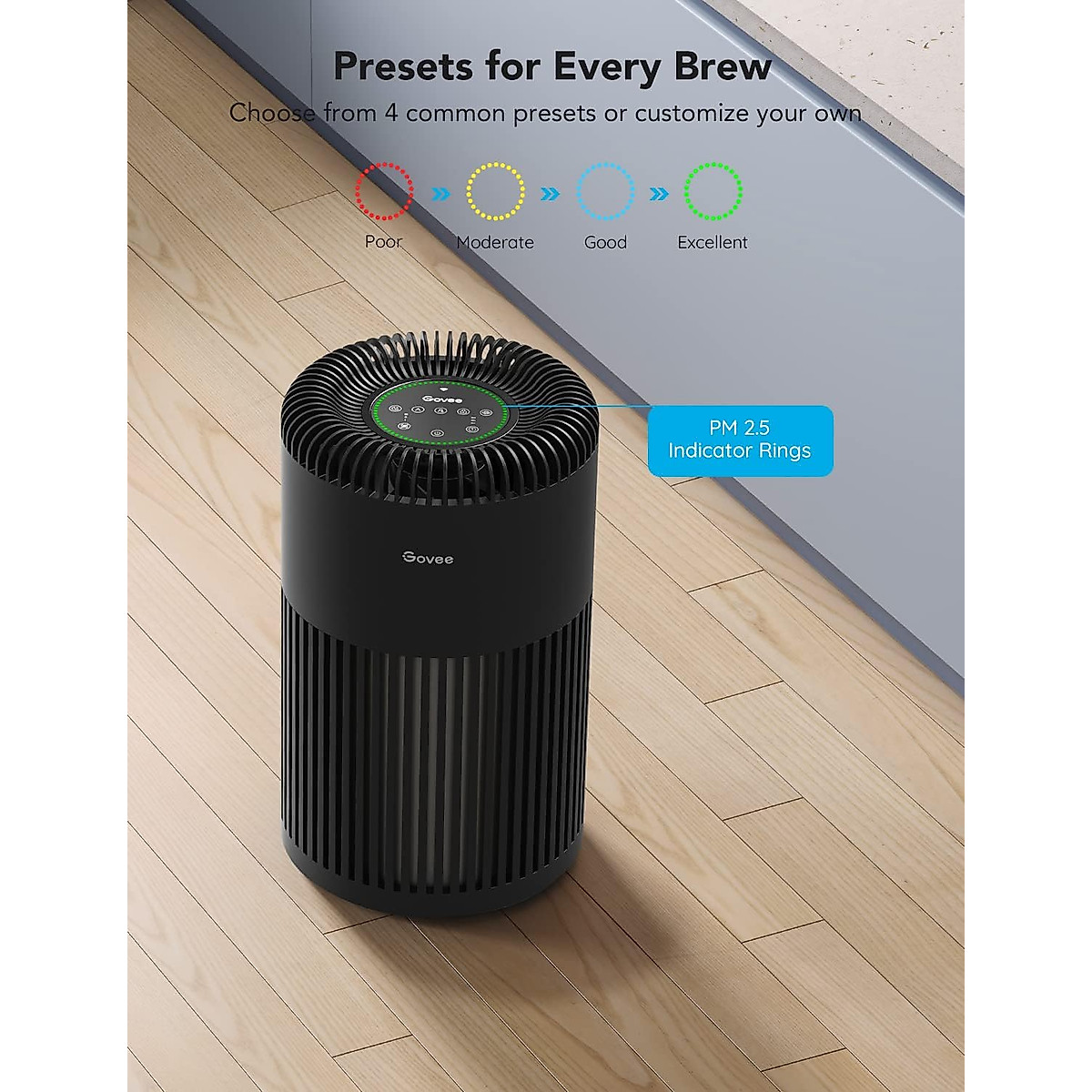 Govee Air Purifiers for Home Large Room Up to 1524 Sq.Ft, WiFi Smart Air Purifier with PM2.5 Monitor for Wildfire, H13 True HEPA Air Purifier for 99.97% Smoke, Pet Hair, Odors, 24dB Large Air Purifier