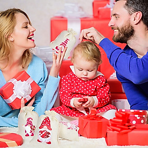 Whaline 24Pcs Valentine's Day Burlap Gift Bags Pink Gnome Pattern Drawstring Candy Bags Rustic Linen Pouches Sacks for Valentine's Day Party Favors Wedding Bridal Shower Supplies, 5 x 7Inch