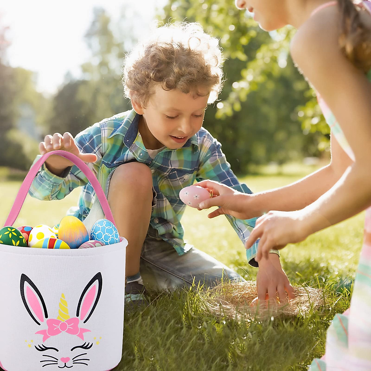 2PCS Large Easter Basket Empty for Teens Boys Girls Kids + Easter Banner + Pen, Bunny Personalized Easter Basket for Candy Stuffers Gifts Toys Egg Hunt Tote Bag Bucket, Party Favors Easter Basket Bulk