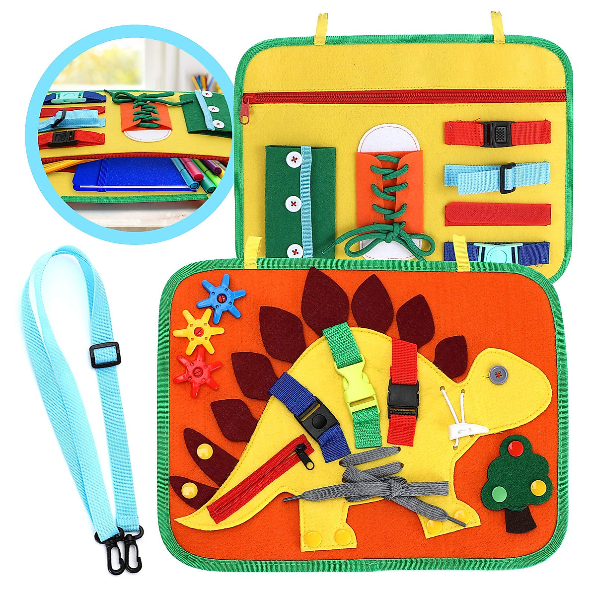 LESONG Dinosaur Busy Board - Preschool Basic Skills Montessori Toys for Toddlers 3 4 Years Old for Fine Motor Skills & Educational Learning Toys - Sensory Toy for Airplane or Car