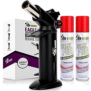 Eagle RX Crème Brûlée Torch – Safest Kitchen Food Torch – Safety Switch, Hand Shield, Fuel Gauge, Ergonomic Matte Black Grip – Culinary Butane Blow Torch 2,370°F – 2 Cans Included by Jo Chef