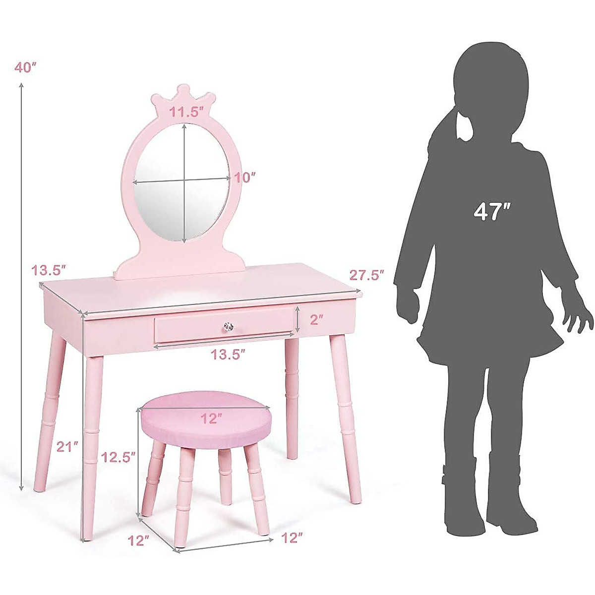 Casart Wooden Kids Vanity Set, Makeup Table and Stool Set with Mirror, Pull-Out Drawer and Cushioned Stool, Perfect Dressing Table Set for Children,Child Pretend Beauty Play Vanity Set, Pink