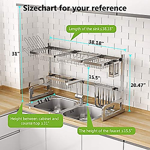 1Easylife Over The Sink Dish Drying Rack Adjustable 2-Tier Large Dish Dryer Rack for Kitchen Organizer Storage Space Saver Shelf Utensils Holder with 7 Utility Hook Tableware Drainer (Silver)