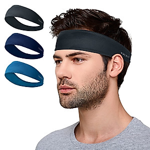 VULKIT 3 Pack Sports Headband for Men or Women, Non-Slip Head Band Stretchy Moisture Wicking Sweatbands(Navy,Blue,Dark Grey)