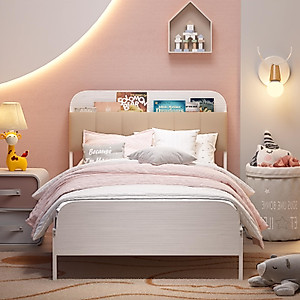 Timy Kids Twin Bed Frame with Bookcase Headboard, Metal Platform Bed Frame with Upholstered Headboard for Boys Girls Teens Adults, No Box Spring Needed, White