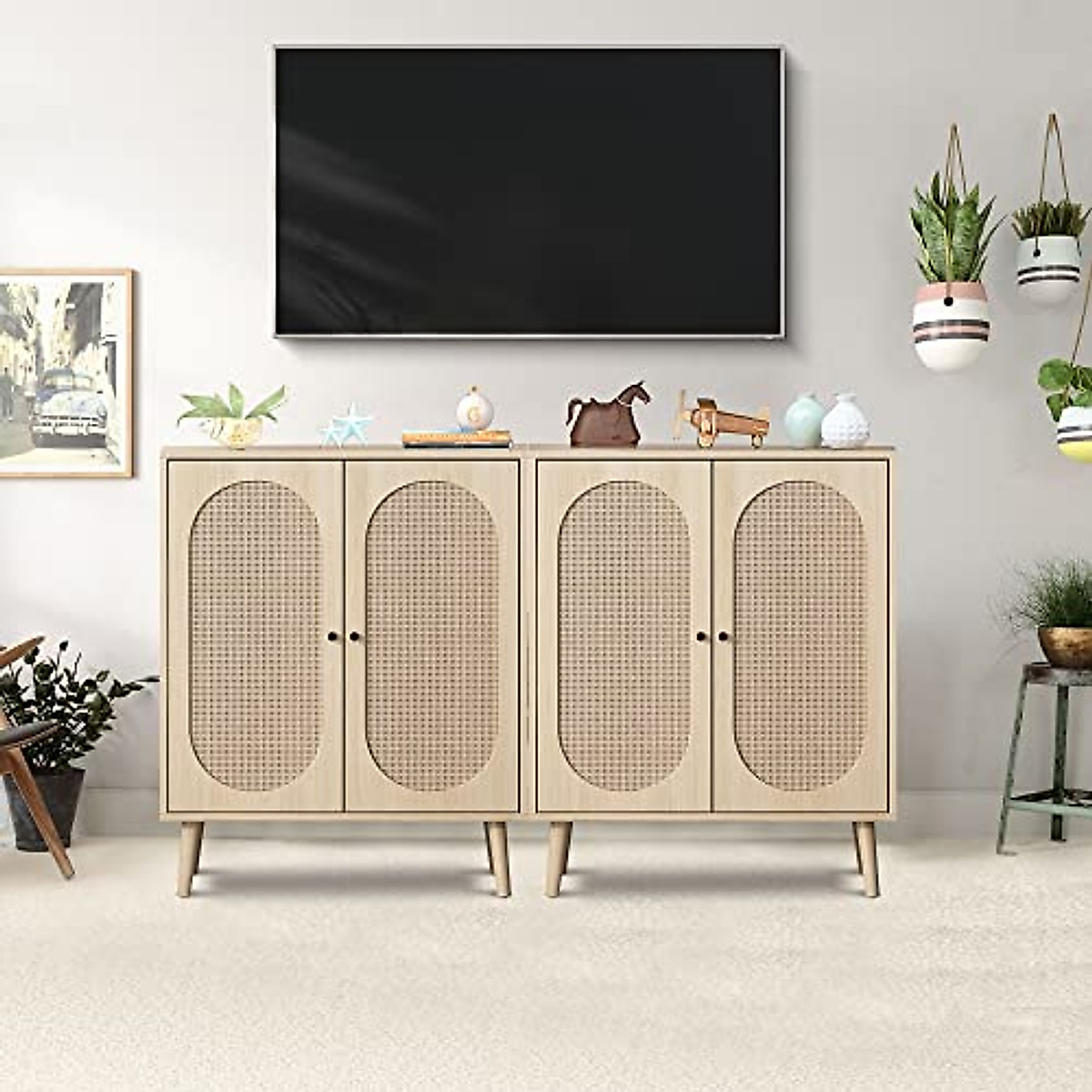 Rattan 2 Doors Buffet Sideboard Cabinet, 2 Tier Adjustable Shelves Accent Cabinet, Free Standing Console Table Sideboard Buffet Cabinet for Entryway Kitchen Dining Room, Natural