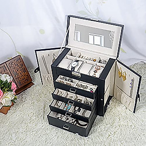 Kendal Large Black Leather Jewelry Box with Lock and Key, 5-Layer Watch Jewelry Organizer for Men with Mirror, Jewelry Storage, Jewelry Case, Bracelets Necklace Holder, Valentine GiftS for Women