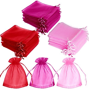choyaxo 150PCS Organza Bags Satin Drawstring Halloween Christmas Valentine's Day Candy Jewelry Bags for Wedding Party Birthday 3.54x4.33inch/ 9x11cm (red-rose red-pink)