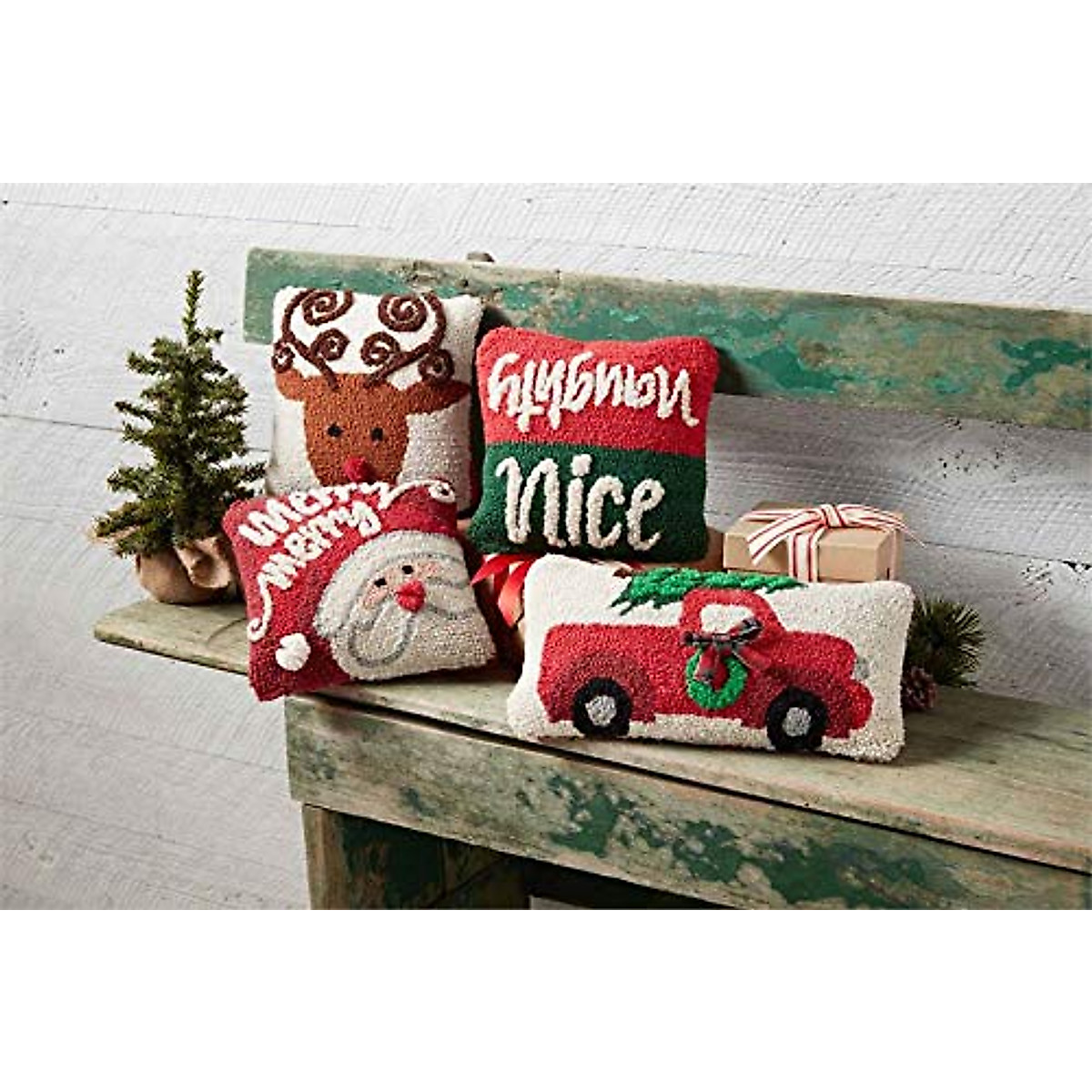 Mud Pie Merry Mini Xmas Hooked Pillow, 8" x 8"