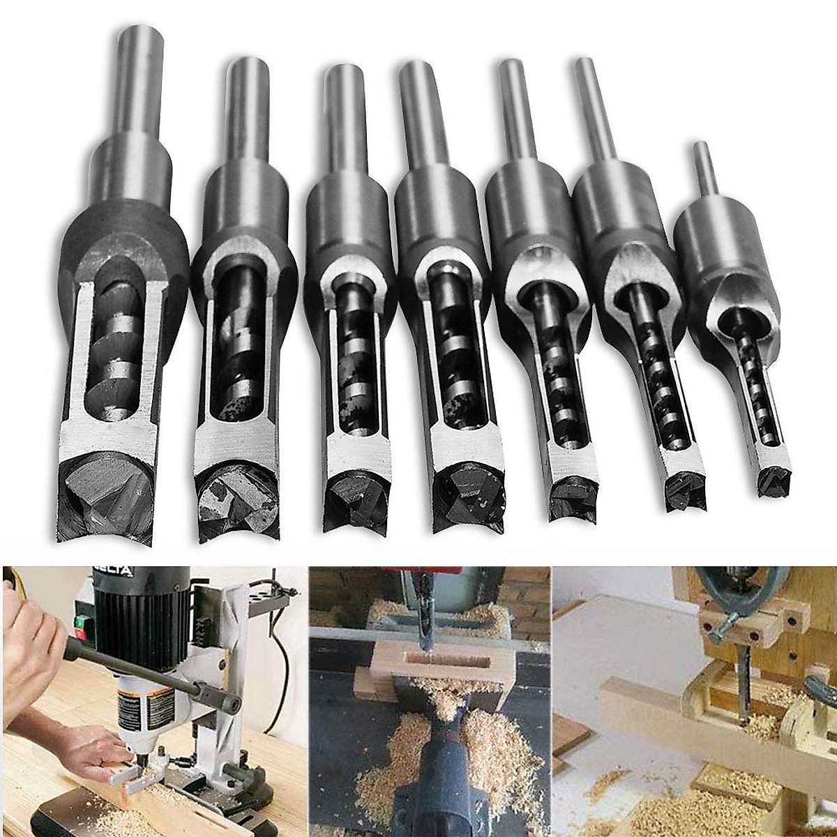 SaferCCTV Square Hole Drill Bit, Steel Woodworking Mortiser Hardness Sharp Durable Mortising Chisel Set 1/2-Inch, 1/4-Inch, 3/4inch, 3/8-Inch, 5/8-Inch, 5/16-Inch, 9/16-Inch -7pcs