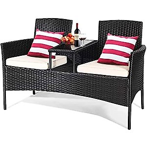 HAPPYGRILL Patio Rattan Loveseat Outdoor Porch Furniture PE Wicker Loveseat with Coffee Table Conversation Sofa with Cushions for Garden Lawn Backyard Poolside