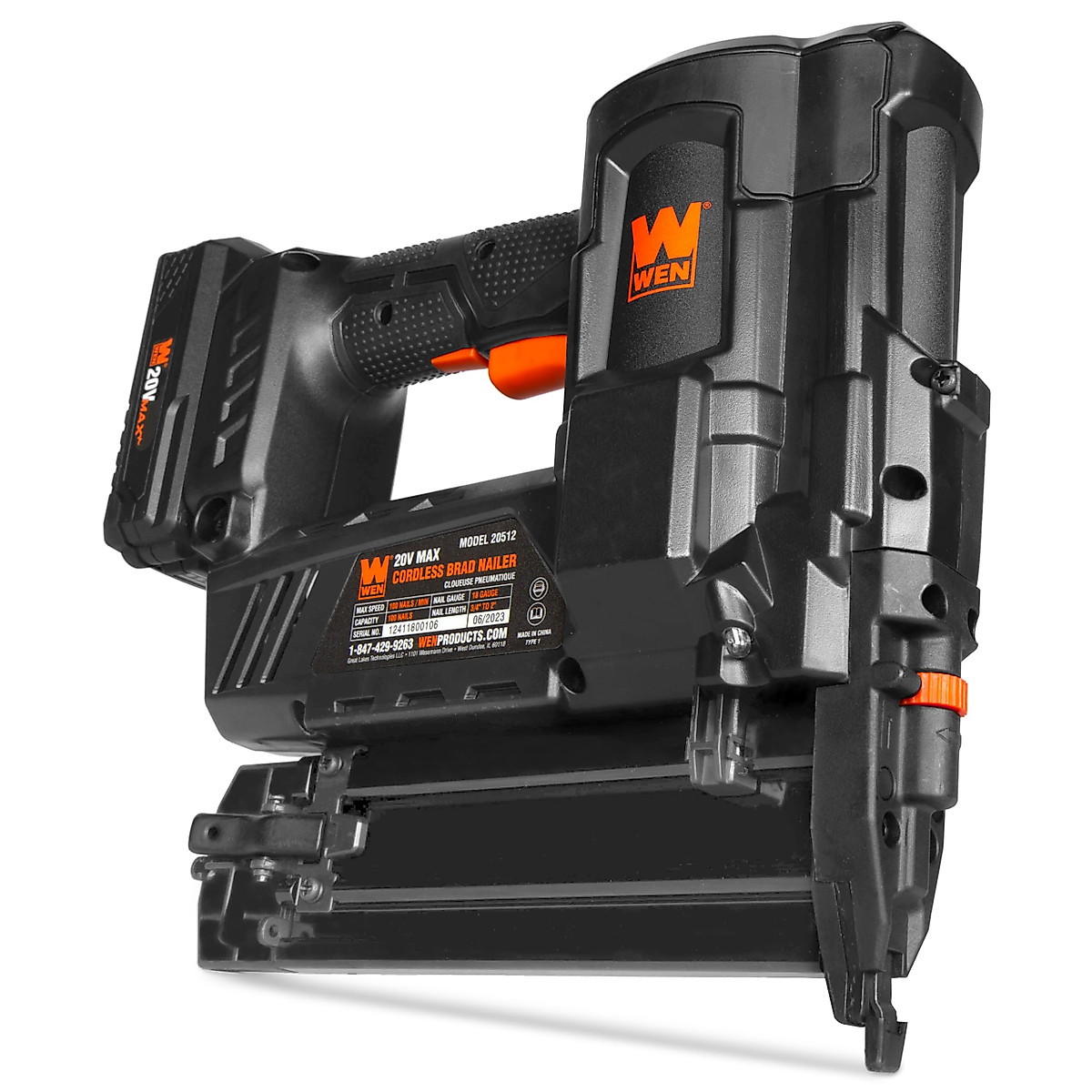 WEN 20V Max Cordless 18-Gauge Brad Nailer with 2.0Ah Battery and Charger (20512)