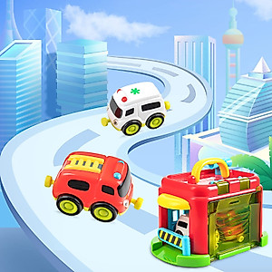 Auspint Children's Fire Rescue Center Toy Set - Includes Fire Truck, Ambulance and Station Scene Take-Around City Emergency Center Toy for Baby 18 Months + Party Birthday Gift