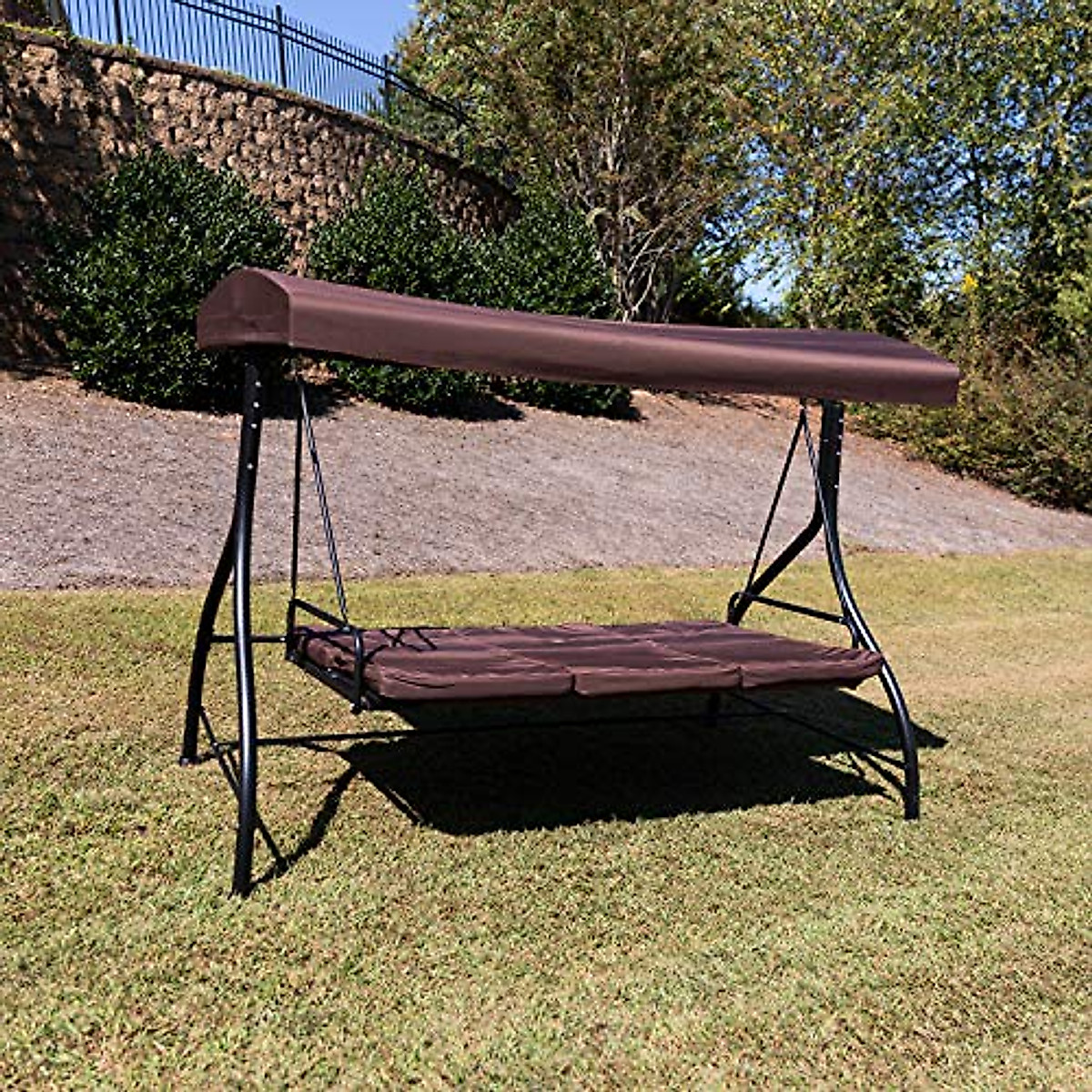 Flash Furniture Tellis 3-Seat Outdoor Steel Converting Patio Swing Canopy Hammock with Cushions / Outdoor Swing Bed (Brown)