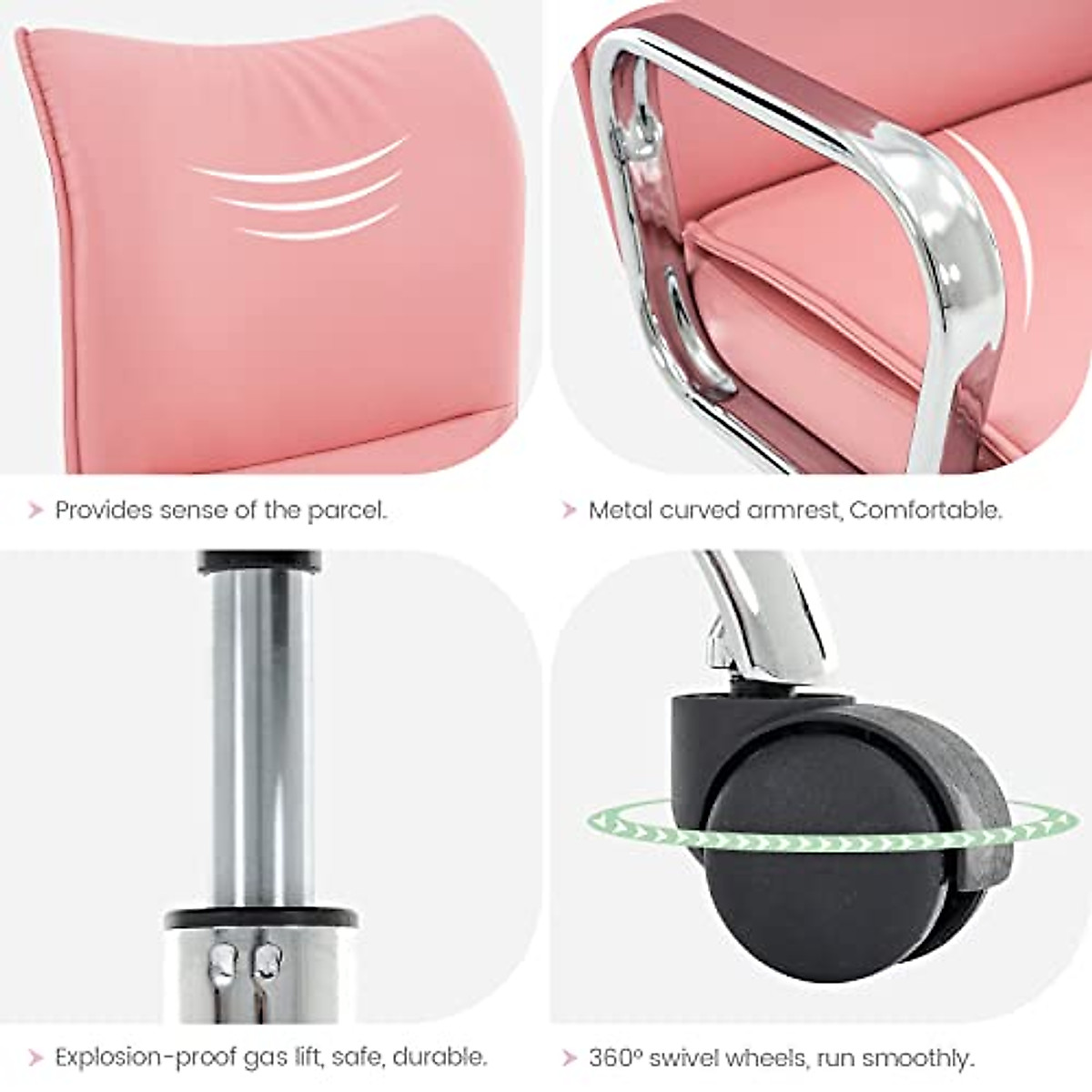 HFGI Living Home Office Chair, Modern Upholstered Mid-Back PU Leather Task Desk Chair with Arms, Adjustable Rocking Swivel Computer Chair with Wheels (Pink)