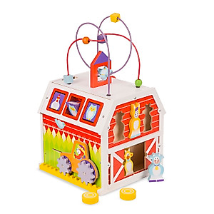 Melissa & Doug First Play Slide, Sort & Roll Wooden Activity Barn with Bead Maze, 6 Wooden Play Pieces (11.75” x 11.75” x 20” Assembled)
