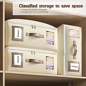 BigPonPon 6 Pack Bed Sheet Organizers And Storage Bags,Large Clothes Storage Bags With Leather Handle,Multifunction Linen Closet Organizer Bags For Clothes,Blanket,Comforter,Bedding Storage-Beige