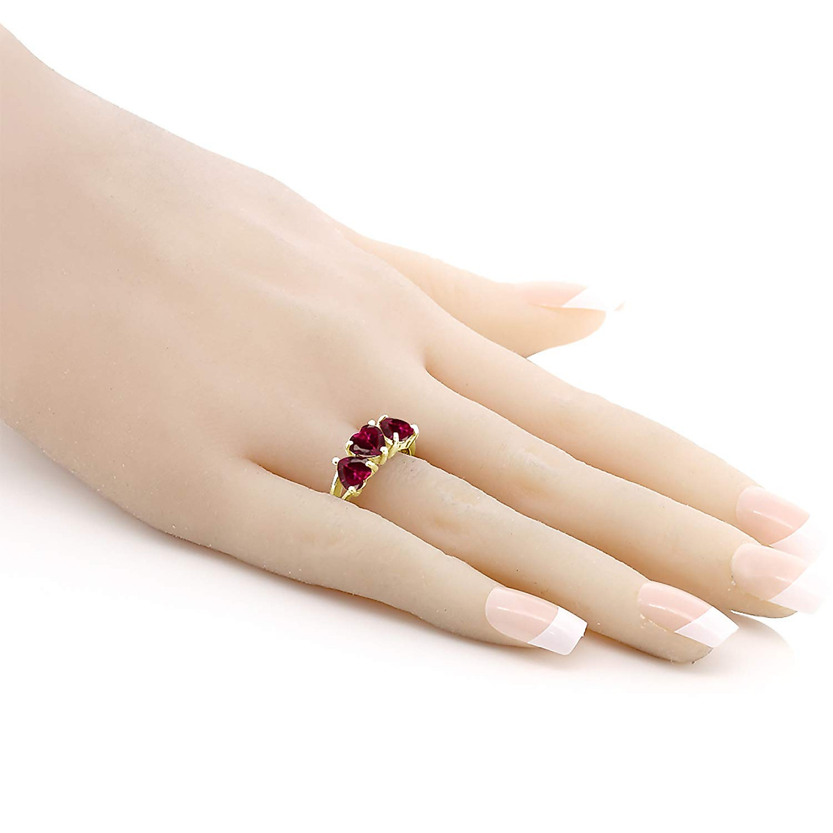 Gem Stone King 18K Yellow Gold Plated Silver Red Created Ruby 3 Stone Ring For Women (2.88 Cttw, Heart Shape 6MM, Available In Size 5, 6, 7, 8, 9)