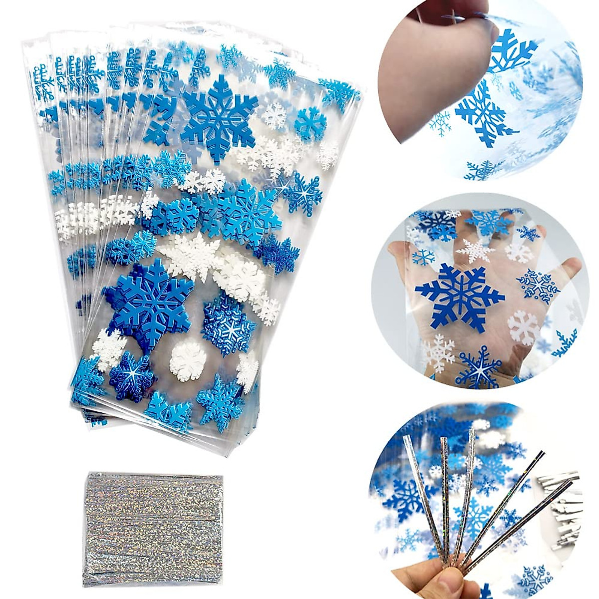 SaktopDeco 100 PCS Christmas Snowflake Cellophane Bags Gift Bags Candy Cookie Bakery Bags with Twist Ties for Christmas Party Snowflakes Birthday Supplies