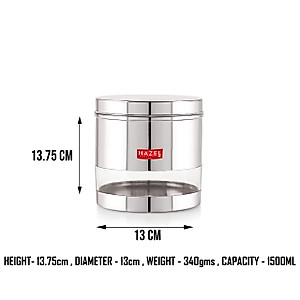 HAZEL Stainless Steel Containers Set For Kitchen Storage Transparent See Through Glossy Finish Storage Jars Dabba, Set of 6, 1500 ML Each, Silver