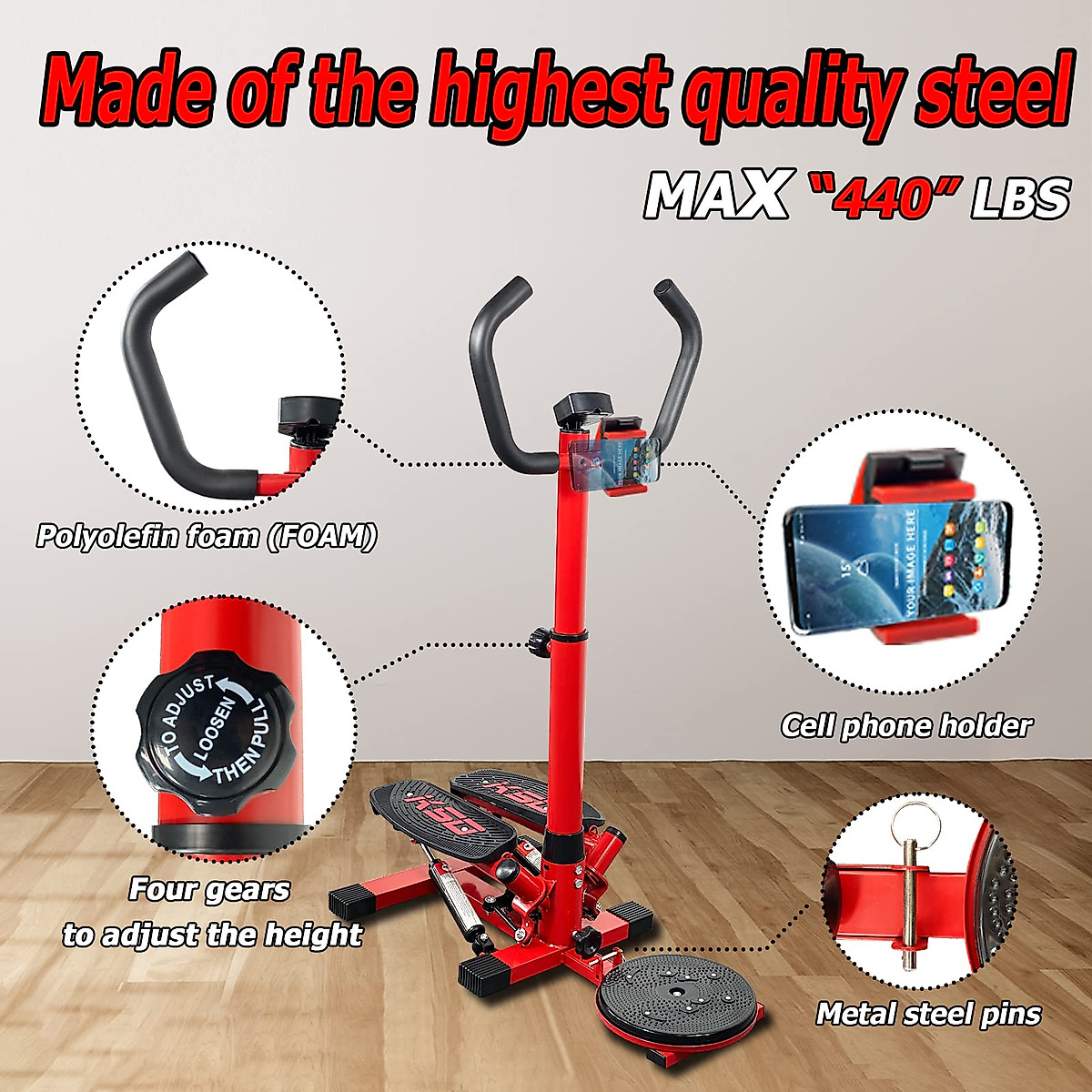 Load-Bearing 440LBS Stepper Walkout Multi-Function Fitness Step Machine Trainer Stair Stepper Machine with Handlebar, Twisting Machine, Resistance Bands and Digital Display