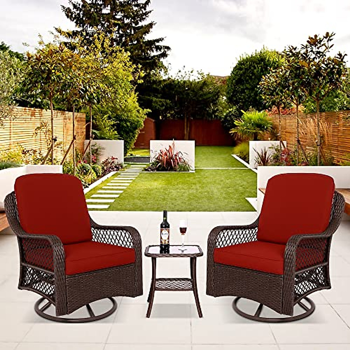 MAGIC UNION Rattan Rockers Outdoor Furniture 3 Piece, Rocking Chairs Wicker Patio Bistro Set with Side Table, Outdoor 360°Swivel Rocker Chairs with Padded Cushions (Dark Red)