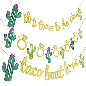 3 Pieces Mexican Fiesta Glitter Banner Taco Bout Love It's Time to Fiesta Cactus Pattern Garland Flag for Baby Shower Bridal Wedding Engagement Party Decorations