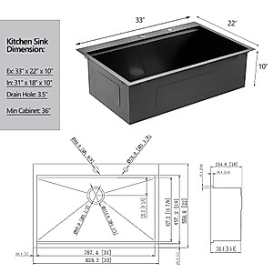 33 Black Drop In Workstation Kitchen Sink, Dorzom 33x22x10 Black Stainless Steel Topmount 16 Gauge Deep Single Bowl Workstation Kitchen Sink with Accessories