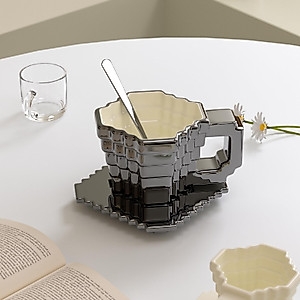 Relexome Ceramic Mug Chubby Coffee Mug Cute Tea Cup with Saucer Novelty Cute Fat Handle Cup Set for Home Decor Office andDishwasher and Microwave Safe, 10 oz (Tan)