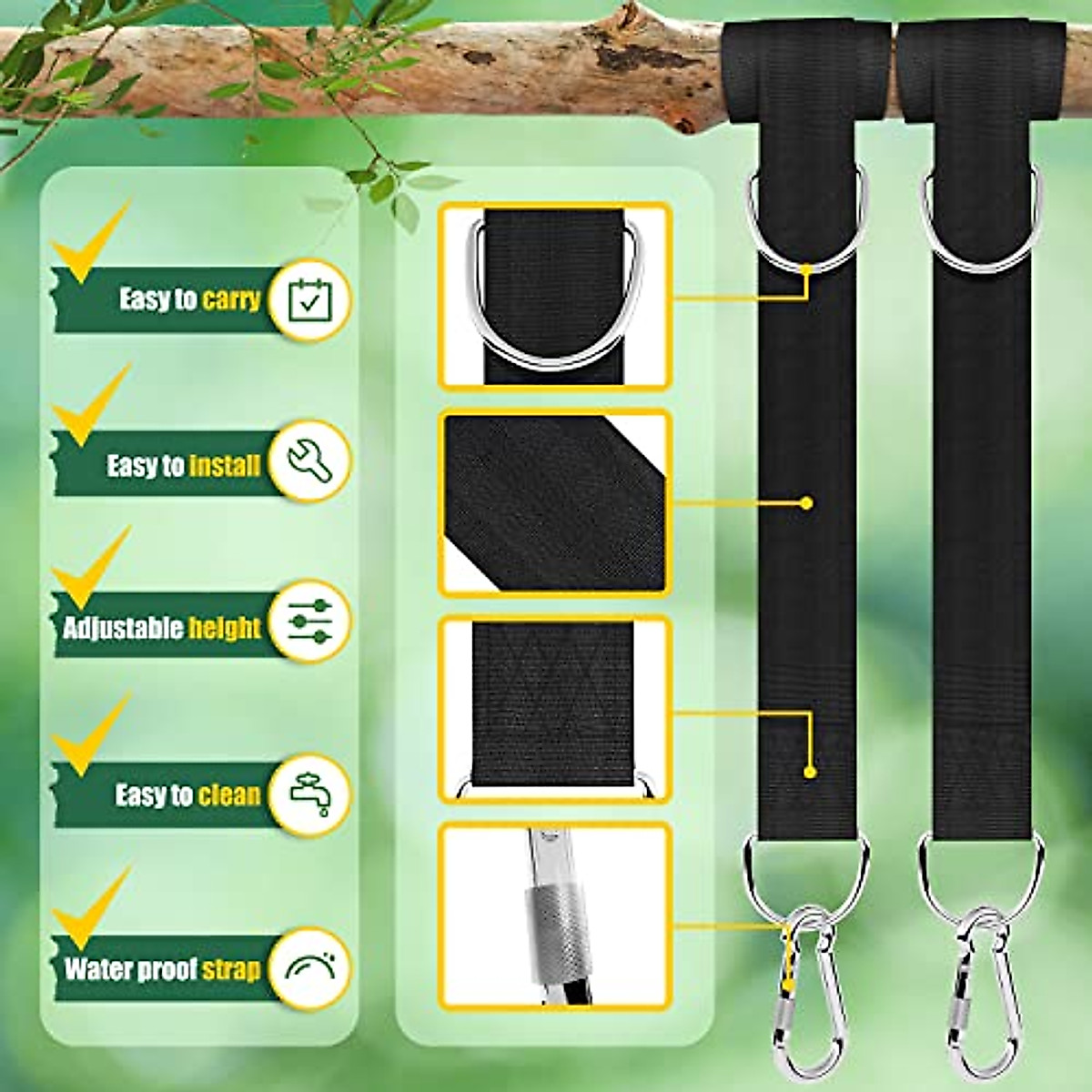 Greenity Tree Swing Strap Adjustable - 5ft Long Hammock Straps for Trees Heavy Duty - Lightweight Hammock Tree Straps with Carabiners Hold 2000 Lbs Fast Way to Hang Swings Using Rope Style Tree Strap
