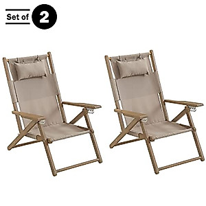 Lavish Home Set of 2 Beach Chairs - Outdoor Weather-Resistant Wood Folding Chairs with Carry Straps and Reclining Seat - Beach Essentials (Taupe)