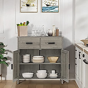 Quimoo Storage Cabinet, Bathroom Floor Cabinet with 2 Drawers & Adjustable Shelves, Bathroom Storage Cabinet with 2 Doors for Living Room, Bedroom, Home Office, Grey