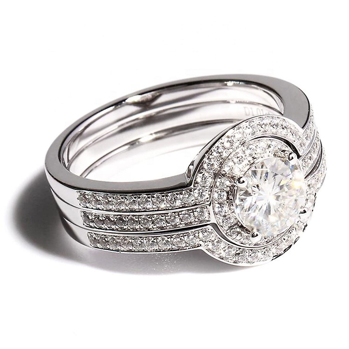 WSX Gold 1ct Moissanite Bridal Rings Sets for Women Her Bright Halo Wedding ring Simulated Diamond Engagement Ring Trio Set